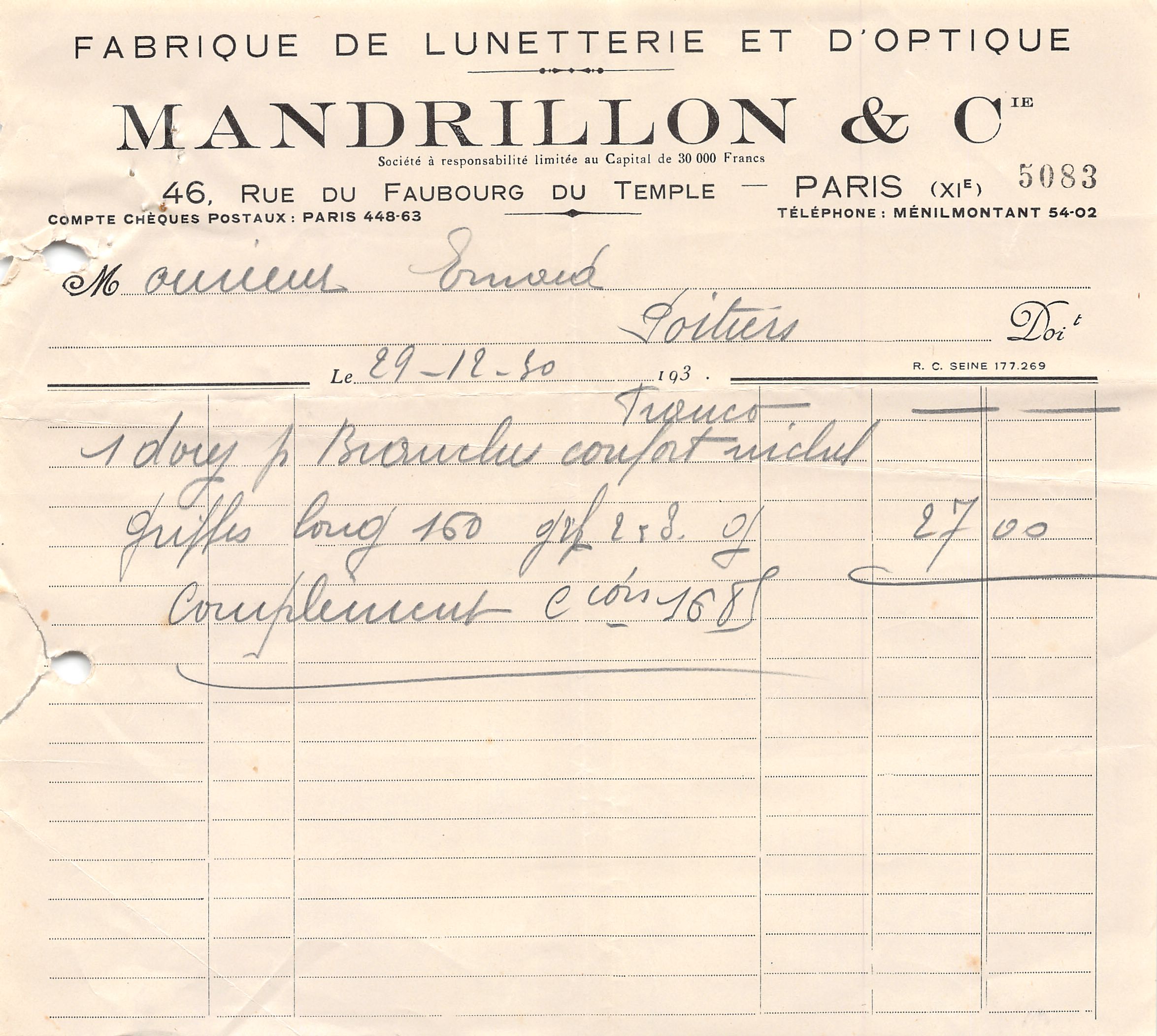 FACTURE 1930 Fabrique De Lunetterie Et D Optique Mandrillon A Paris - M ...