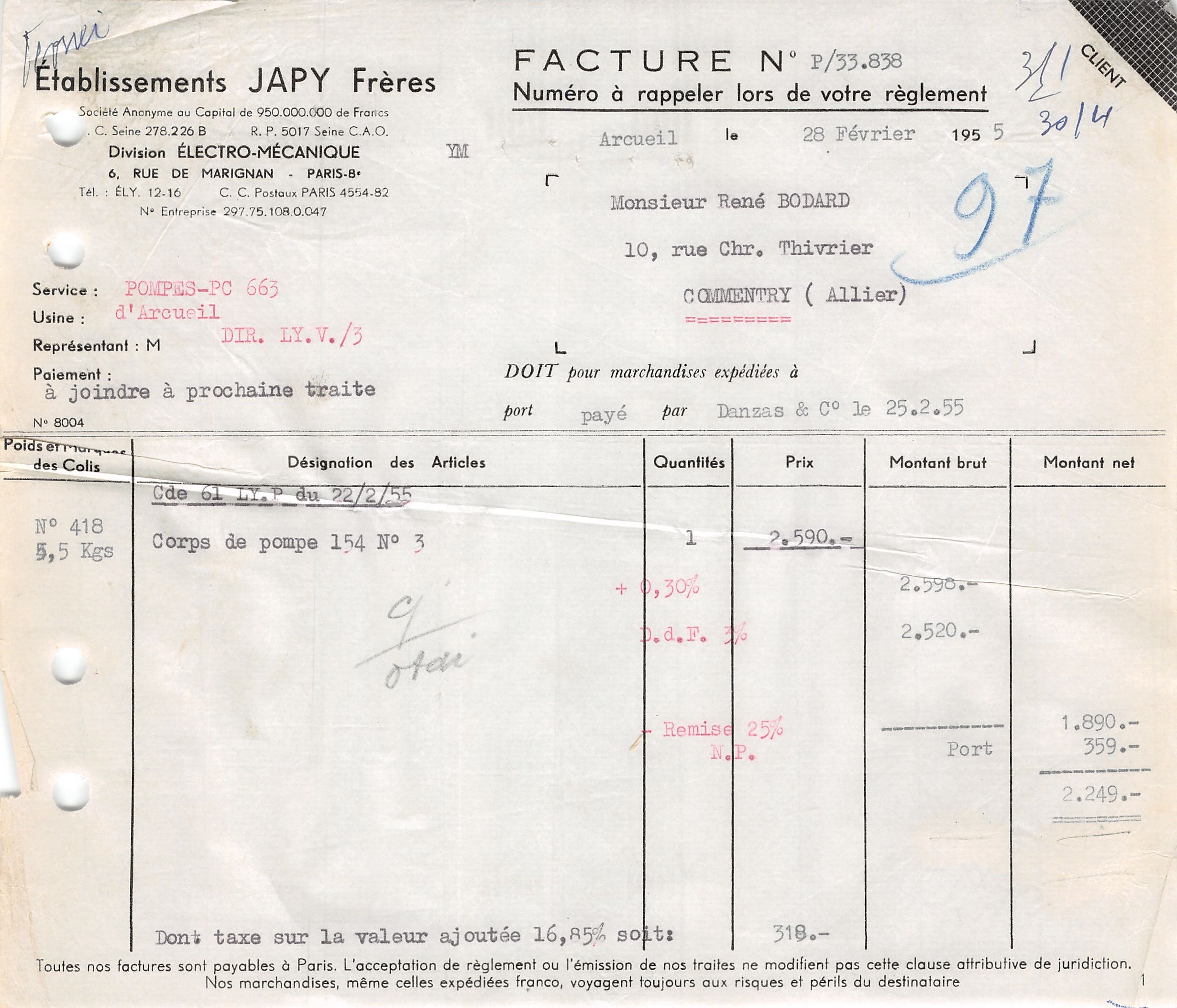 1955 ETS JAPY Freres A Paris - M. Bodard A Commentry EUR 10,00 ...